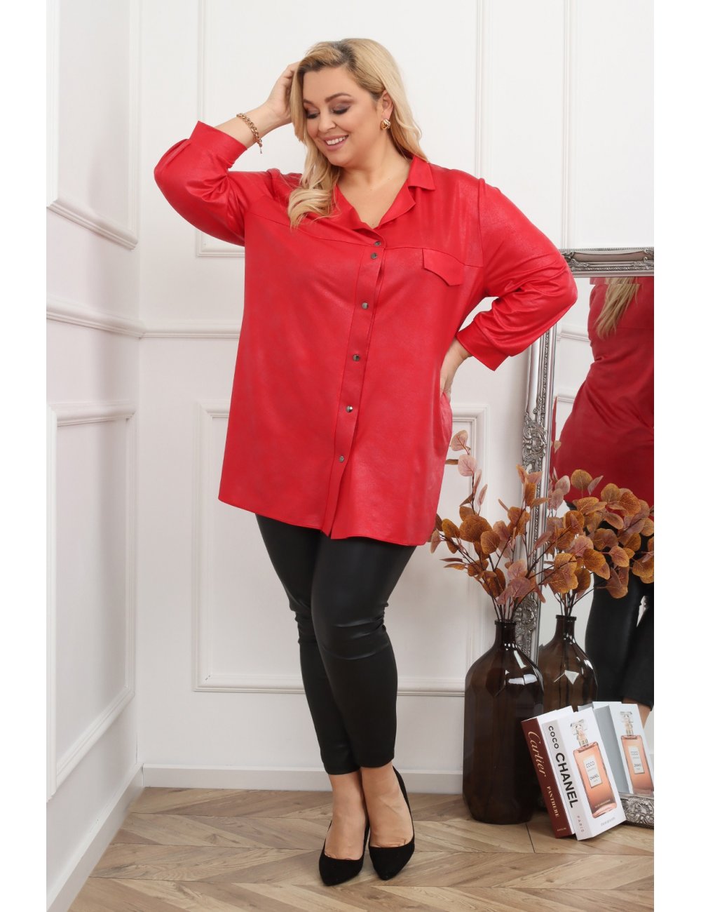 Elastyczna koszula XXL plus size Ivette czerwona eko skóra Kolor ...